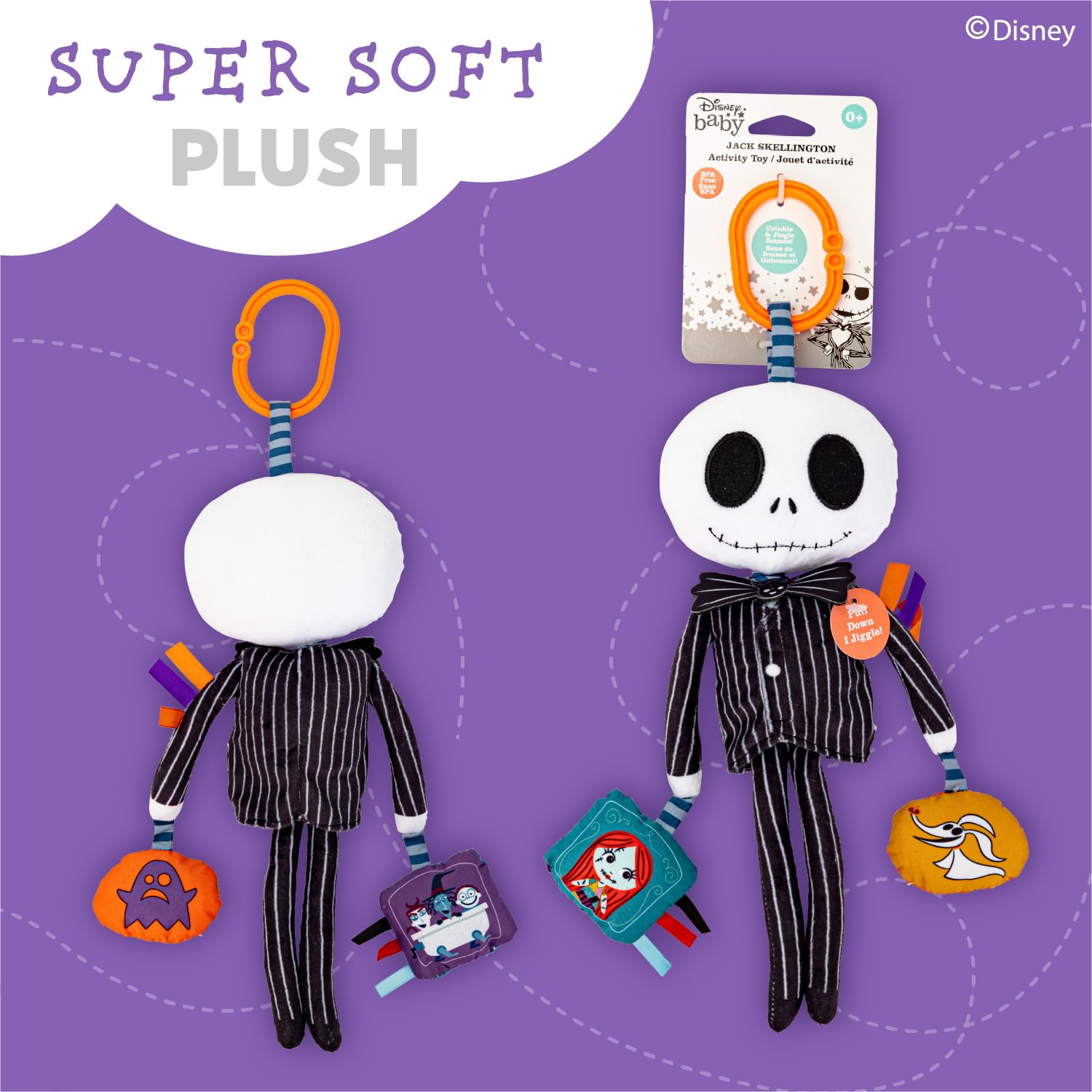 KIDS PREFERRED Disney Baby Nightmare Before Christmas Jack Skellington On The Go Activity Toy with Teether, On The Go Clip, Bell Chime, and Pull Through Arms