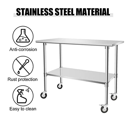 KODOM Food Prep Stainless Steel Table 36" x 18", Heavy Duty Workbench with Adjustable Under Shelf, Commercial Worktable with 4 Casters for Commerical Kitchen, Restaurant, Home and Hotel