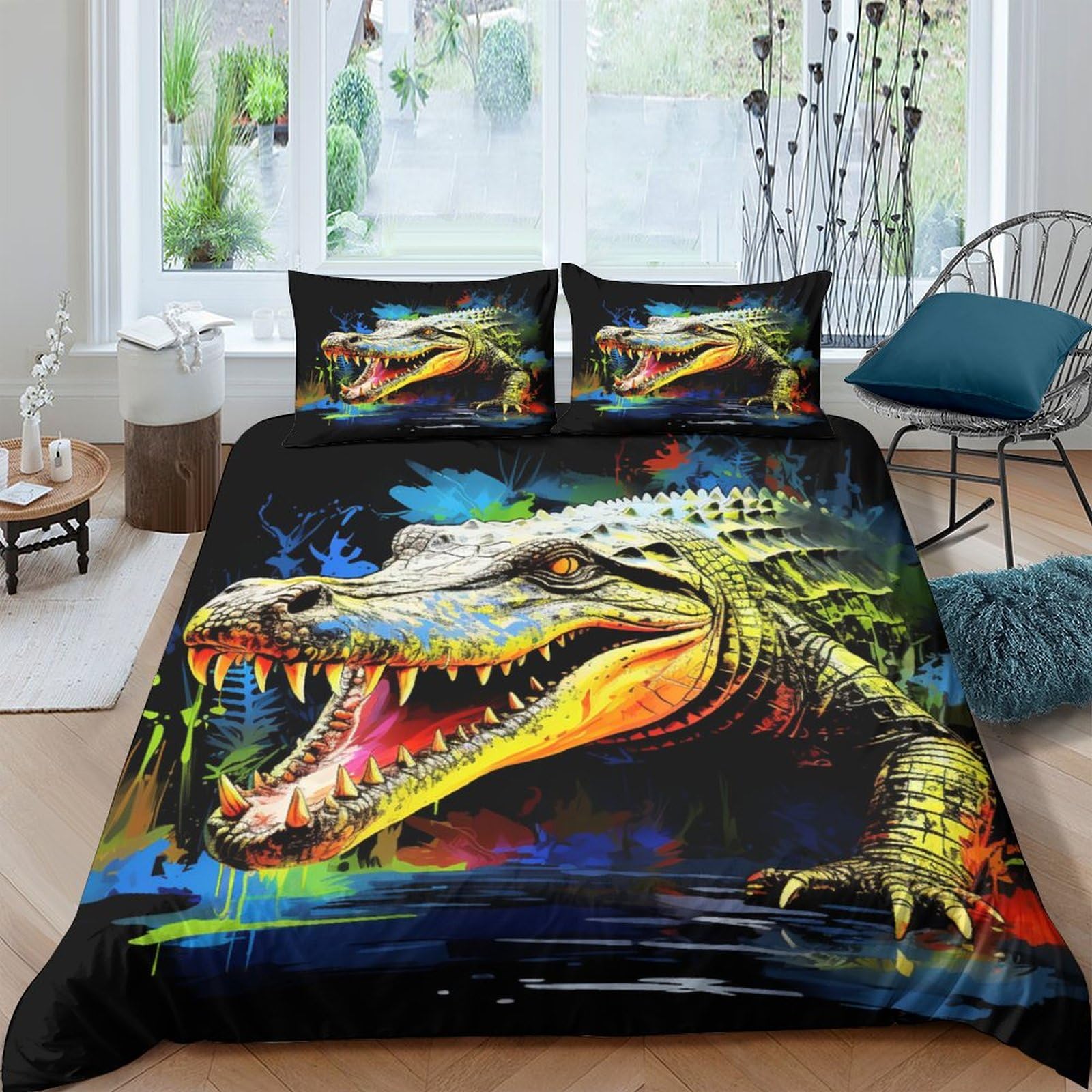 YYANQIN Crocodile Comforter Cover, 3D Printing 3 Piece Sets Blanket Soft Microfibre Quilt Cover with Zipper Closure and Pillowcases for Home Decor Bed Twin(173x218cm)