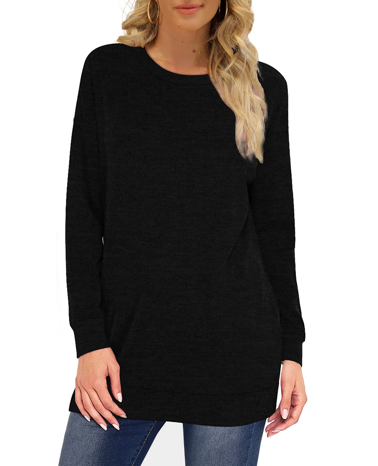 OFEEFAN Womens Tops Long Sleeve Crew Neck Loose Fit Casual Comfy Tunic Sweatshirts L