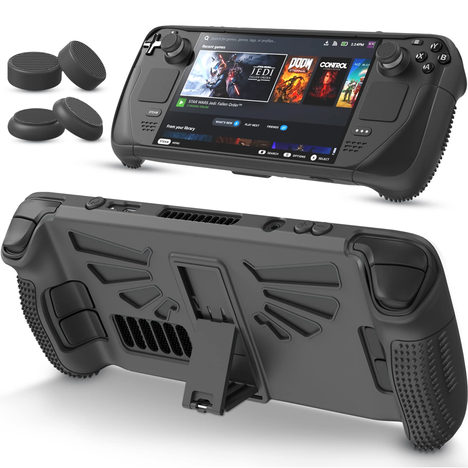 SUIHUOJI Steam Deck Case with Kickstand, Stand Base Accessories Protector for Valve Steam Deck Console, Stream Deck Protective Cover Skin Shell with 2Pairs Silicone Thumb Grips Caps, TPU+PC Case Black