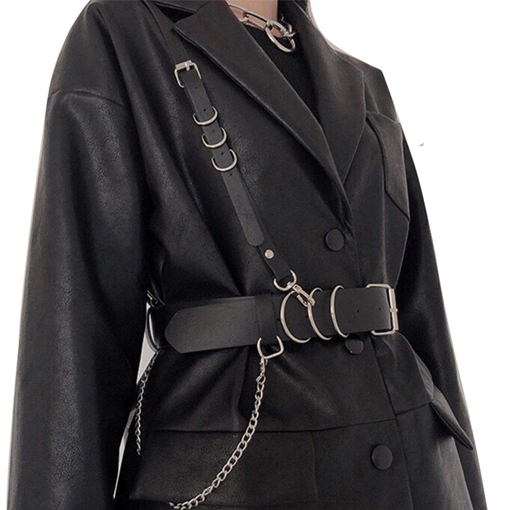 NONGFUGE Fashion Black Faux leather Harness Waist Body Belt Punk Chest Belt with Chains for Women Girls Ladies