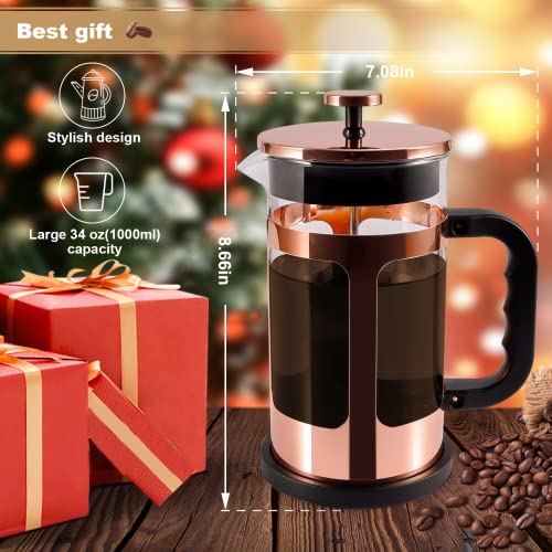 RealPero French Press Coffee Tea Maker, Upgrade Heat Cold Resistant Thickened Glass with 4 Level Stainless Steel Filtration System Brew Coffee & Tea, BPA Free, Large 1000ml 34oz,Rose Gold