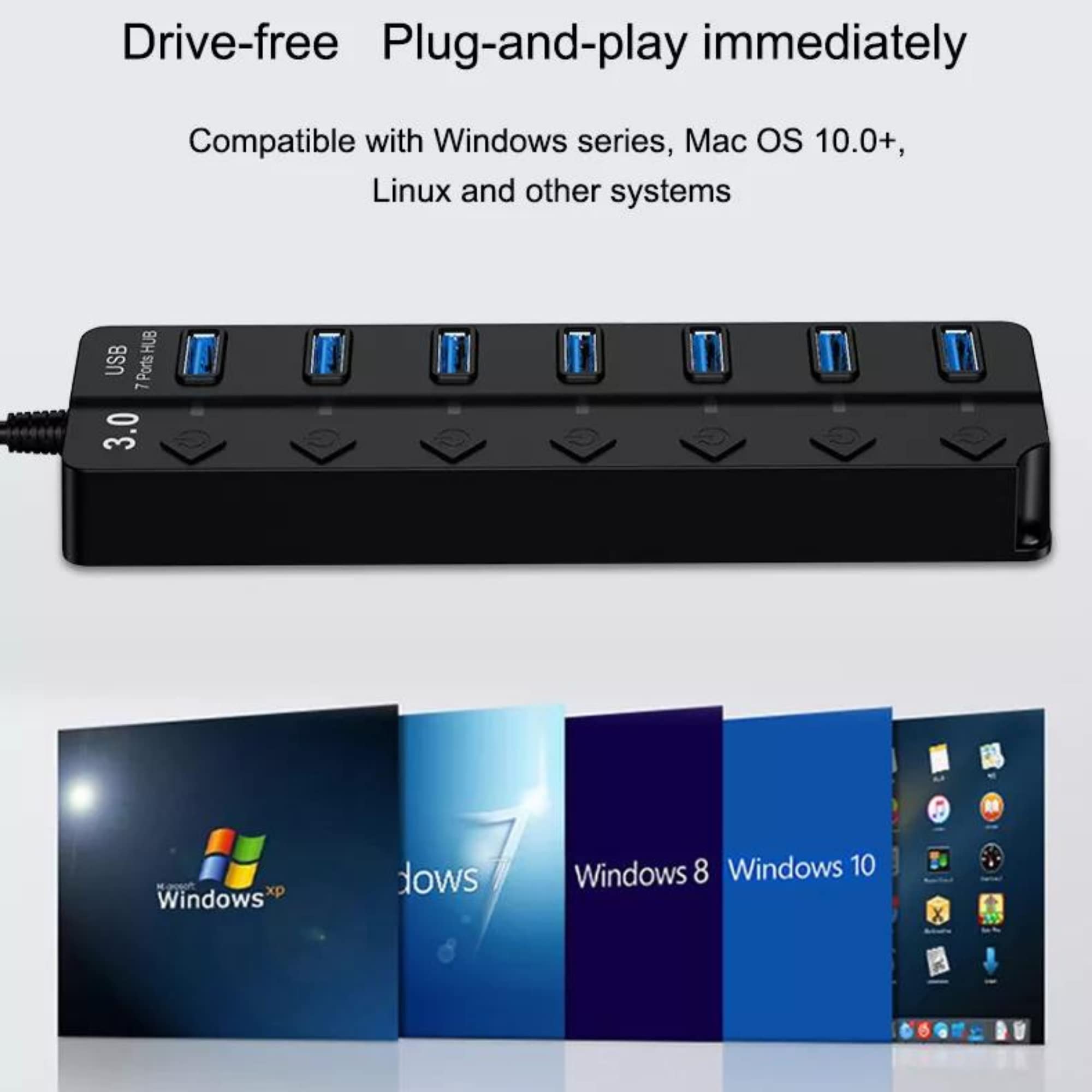 USB 3.0 Hub 7 Port Splitter with Individual On/Off LED Switches, High-Speed Data USB Extender Charging Station Extension for Laptop, USB Flash Drives, Mobile HDD, Printer, Camera and More