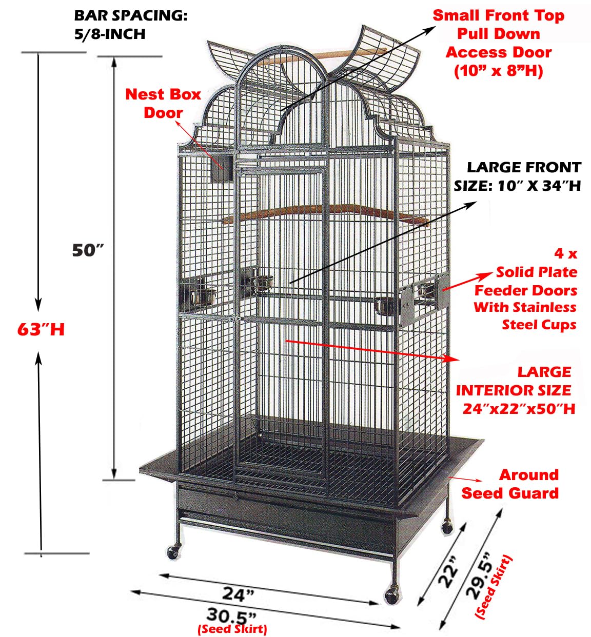 Large Elegance and Durable Wrought Iron Open Play Top Stand Bird Parrot Rolling Cage, Include Metal Seed Guard Solid Metal Feeder Nest Door (30.5 x 29.5 x 63 H, White Vein)
