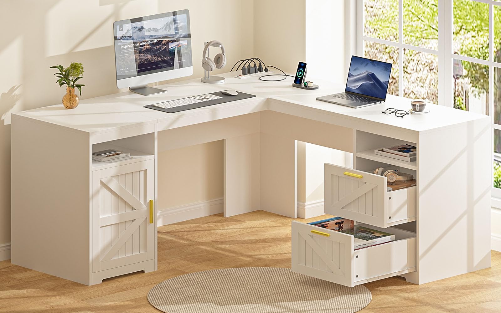 YOMILUVE 59" Farmhouse L Shaped Desk with Drawers & Storage Shelf, Corner Computer Desk with Power Outlets for Home Office, Executive Desk with Printer Shelf, White