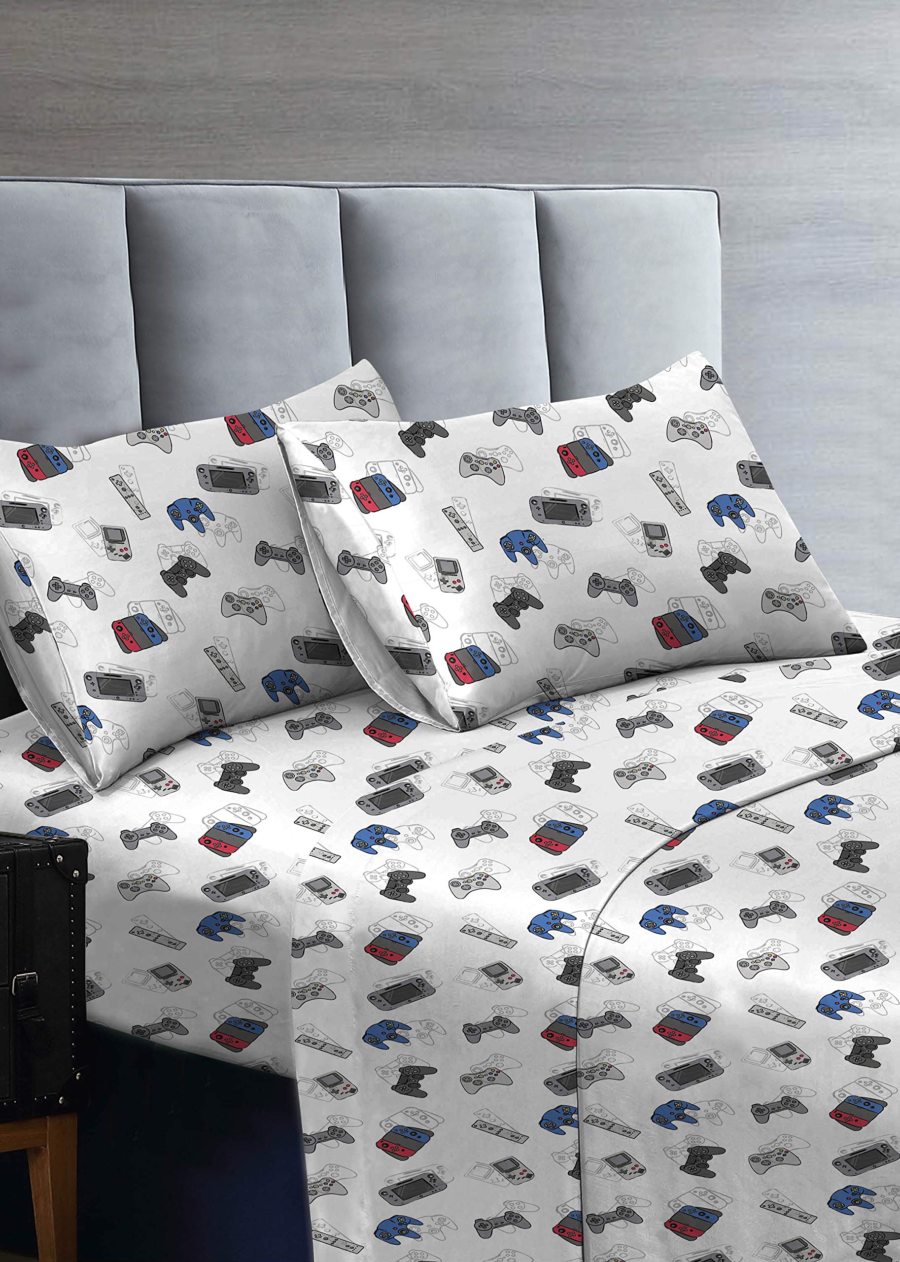 Kids Rule 3-Piece Game Controllers Sheet Set | 1 Twin Flat Sheet, 1 Twin Fitted Sheet & 1 Queen Pillowcase | 100% Softly Brushed Microfiber Polyester | Soft, Smooth & Durable | Ideal for Kids | Grey