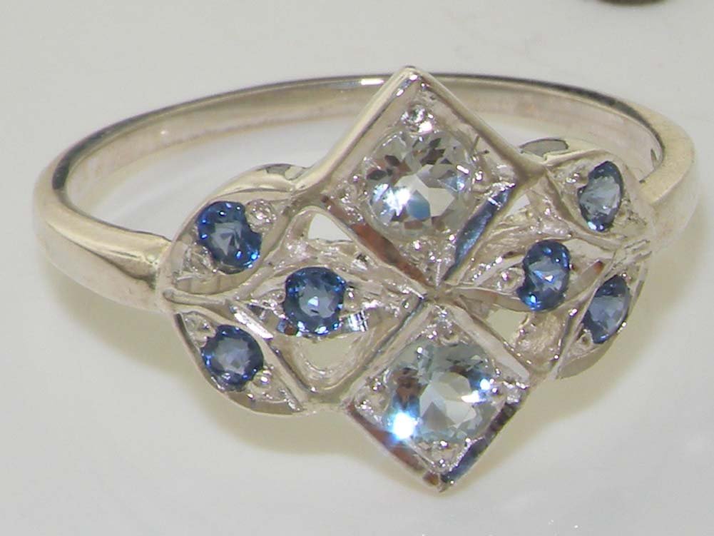 LetsBuyGold 925 Sterling Silver Natural Aquamarine and Sapphire Womens Cluster Ring - Sizes 4 to 12 Available