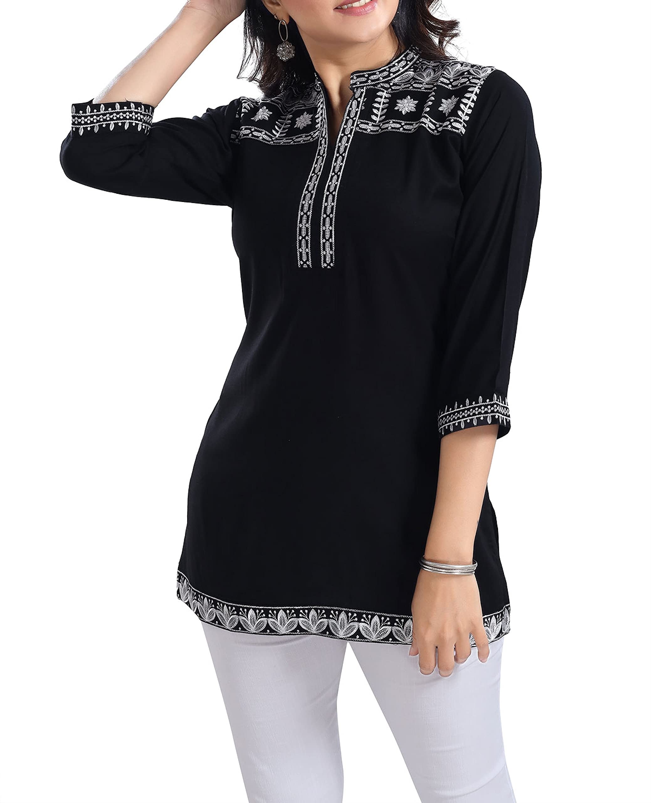 IshDeena Indian Kurtis for Women Indian Style Printed Embroidered Tunics Womens Tops Kurta (Extra Large, Black - 0622S1ID1)