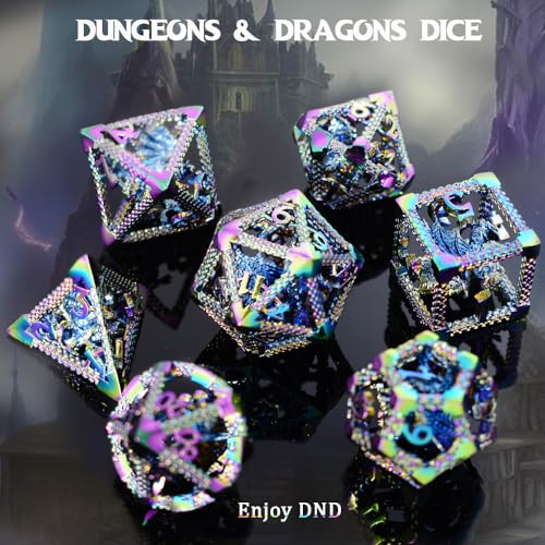 RULE DICE 7pcs Captive Magic Dragon Metal D& D Dice Set, Unique Design, Fantastical Hollow Polyhedral DND Metal Dice, Suitable for Role Playing Games Dungeons and Dragons D&D Dice Set (Rainbow)