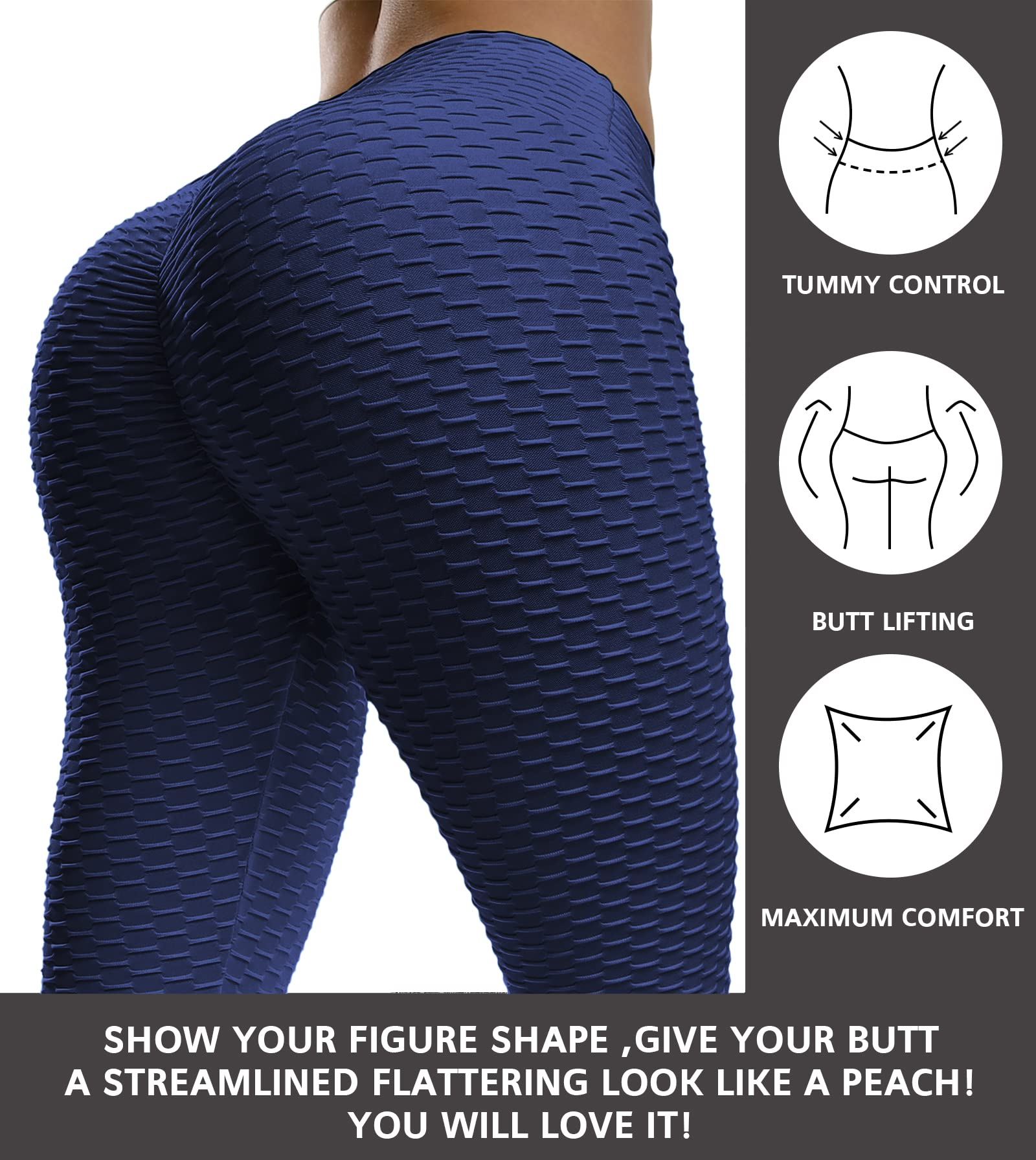 NORMOV Butt Lifting Anti Cellulite Leggings, Scrunch Butt Peach Booty Lifting Leggings for Women(Navy, L)