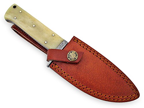 Knife King Handmade Damascus Hunting Knife-Natural Bone Handle-9" Fixed Blade Knife with Leather Sheath-Master Quality EDC Survival Knife-Camping Knife Ideal Gift for Men and Women