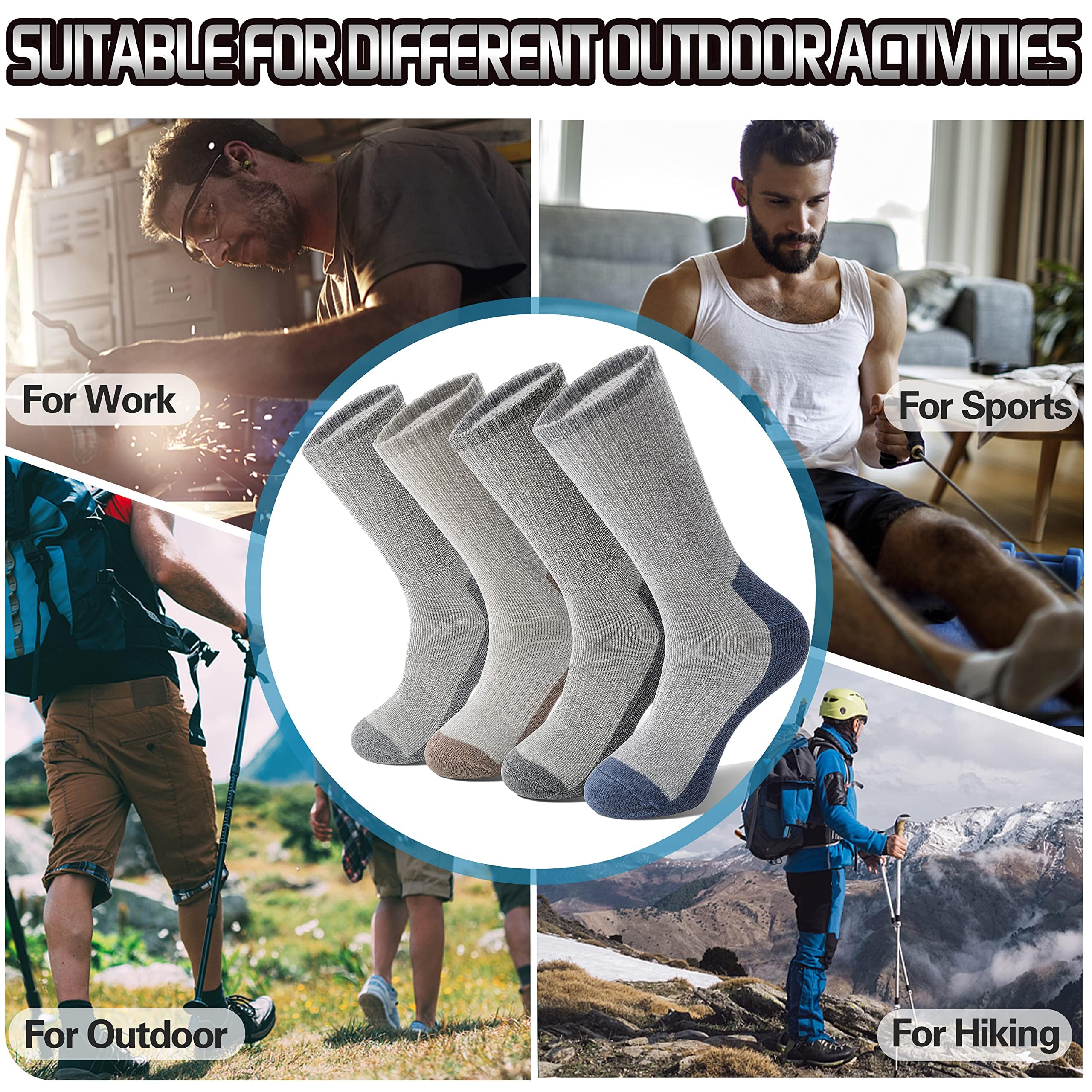 ProEtrade Merino Wool Hiking Socks for Mens Thermal Warm Winter Crew Thick Cushion Boot Work Stockling Stuffers Gift Socks 4 Pairs (Assorted A,M)