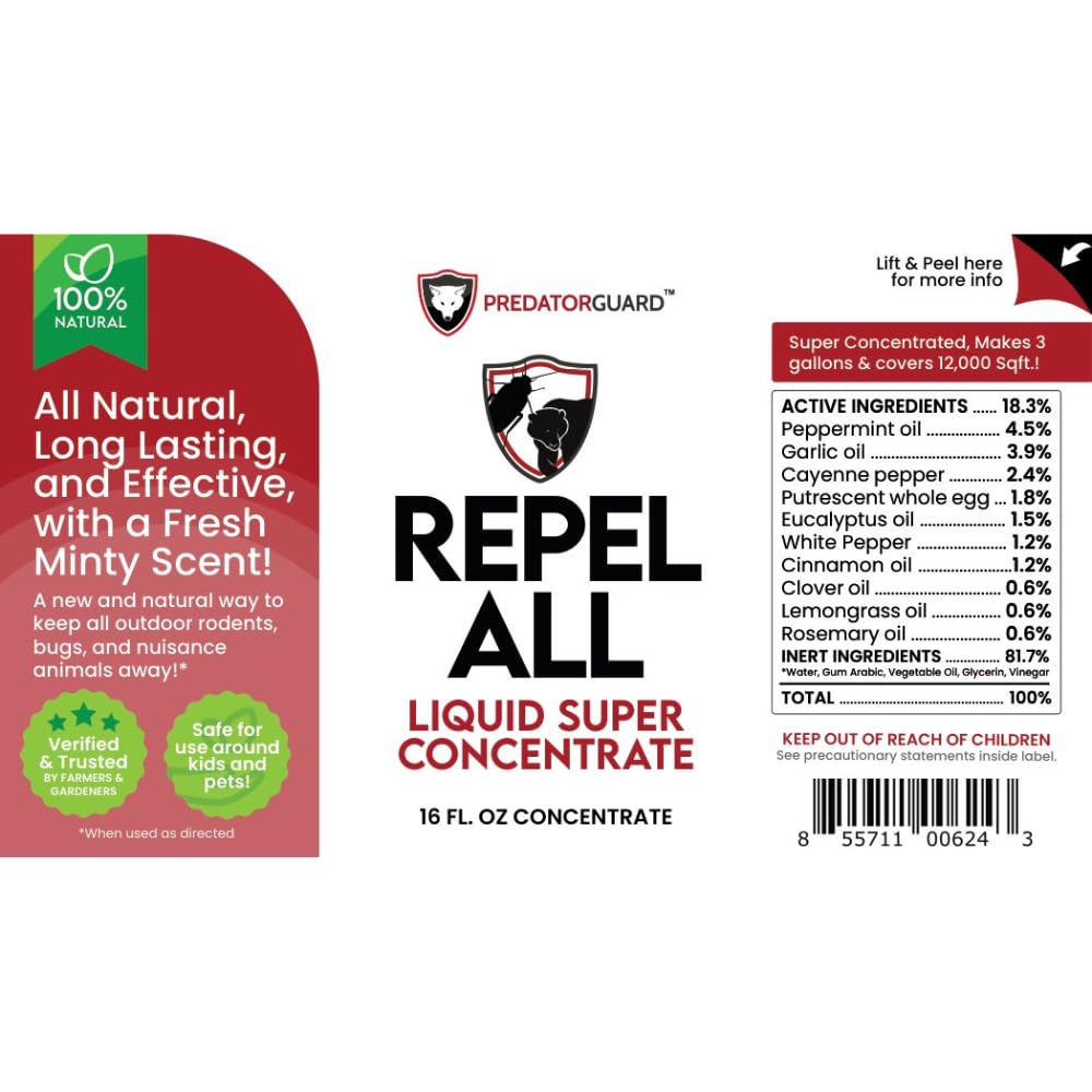 Predator Guard Repel All - Animal Repellent Liquid Super Concentrate for Rats Mice Skunk Raccoon Fox Bear Roach Mosquito Spider & Bug Spray - Treats up to 12,000 Sqft - 16 oz