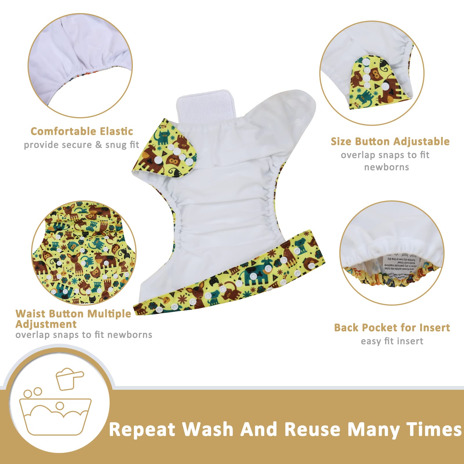 TDIAPERS Cloth Diapers for Babies One Size Adjustable Washable Reusable for Baby Girls and Boys 8 Pack with 6 Inserts, 1 Wet Bag