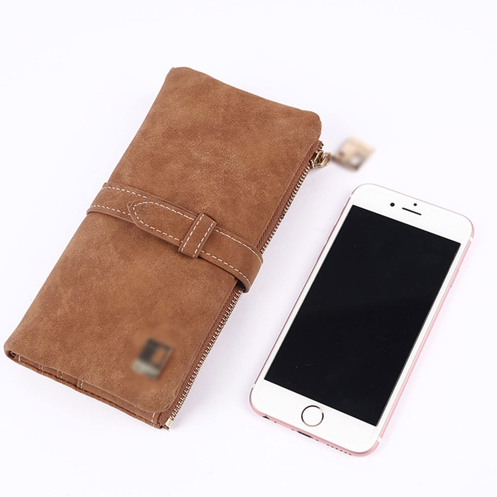 OSDFN Wallet Long Purse Two Fold Women Wallets Drawstring Nubuck Leather Zipper Suede Wallet Ladies Clutch Bag