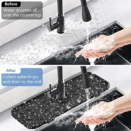 Silicone Faucet Mat for Kitchen, Sink Splash Guard, Sink Draining Pad Behind Faucet, Kitchen Sink Accessories, Faucet Absorbent Mat, Bathroom Faucet Water Catcher Mat (Black (15.4" x 5.9"))