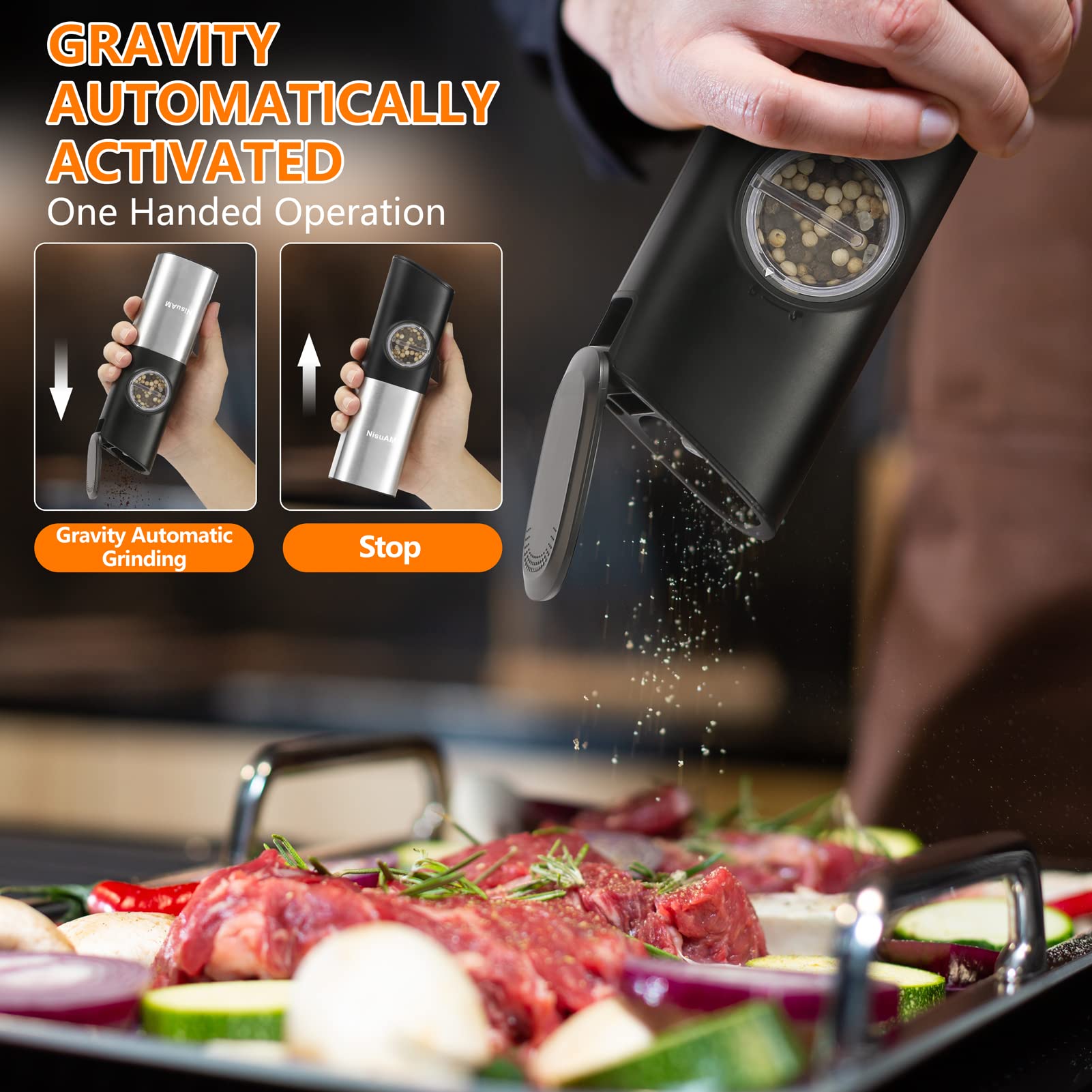 Rechargeable Salt or Pepper Grinder,NisuAM Gravity Automatic Pepper Mill with White LED light, One Handed Operation Spice Grinder ,Upgraded Salt Grinder Adjustable Coarseness, Refillable, No Battery