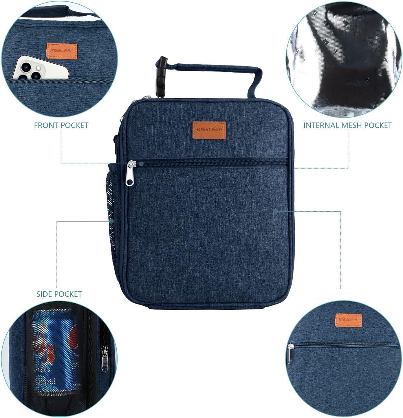 kissleaf Insulated Lunch Bag, Reusable Lunch Box for Men Women, Leakproof Cooler Small Lunch Bag with Adjustable Shoulder Strap for Adults Small