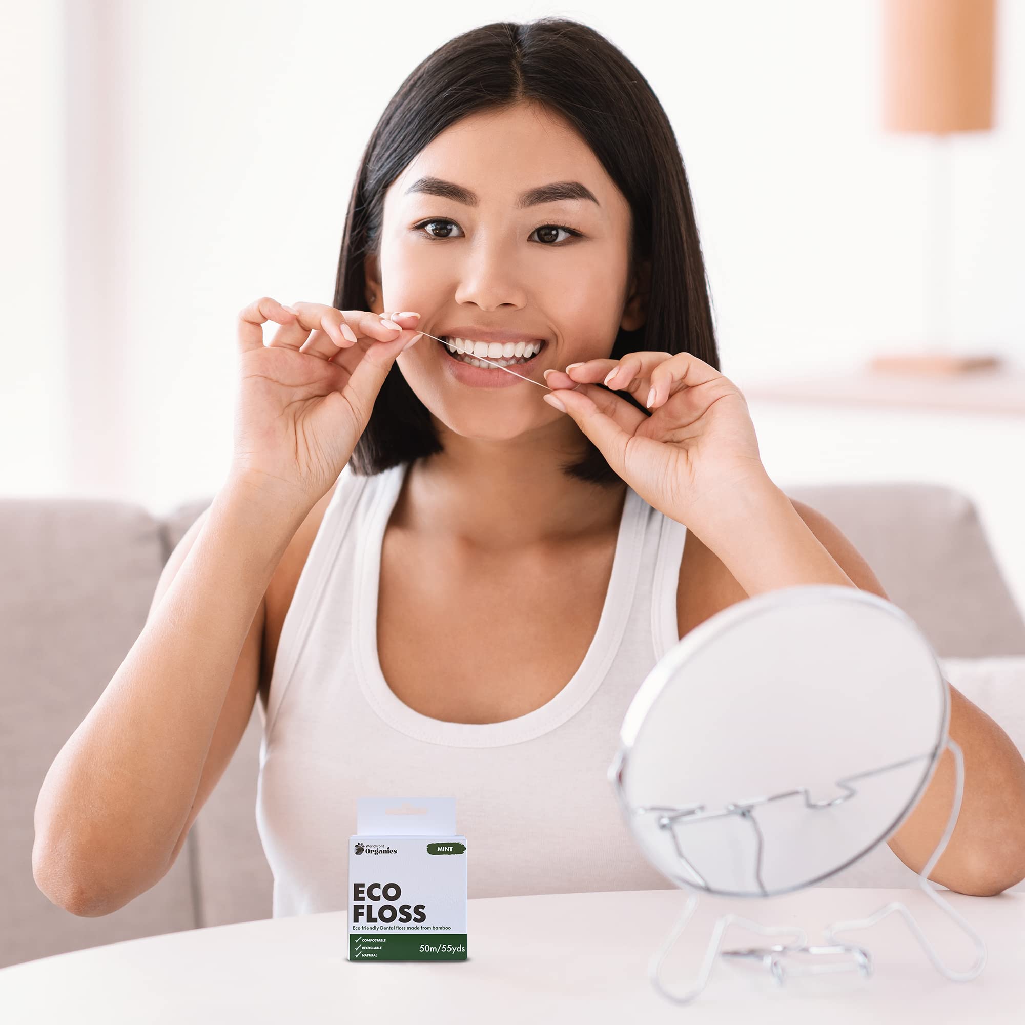 WorldFront Naturals Eco Dental Floss Ideal for Teeth Clean, Removing Plaque & Food Debris- Biodegradable Mint Tooth Flosses Made of Organic Bamboo- Compostable Plastic Free Packaging- 50m/55 yds