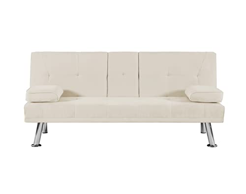 Verfur Convertible Futon Bed with Cupholders,Modern Upholstered Loveseat Sleeper, Folding Lounge Recliner Comfy Sofa & Couches Sofabed, White