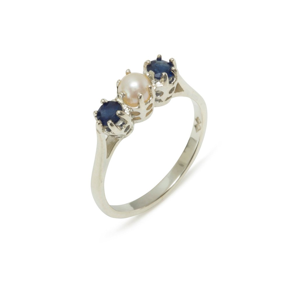 LetsBuyGold 925 Sterling Silver Cultured Pearl & Sapphire Womens Band Ring - Size 7