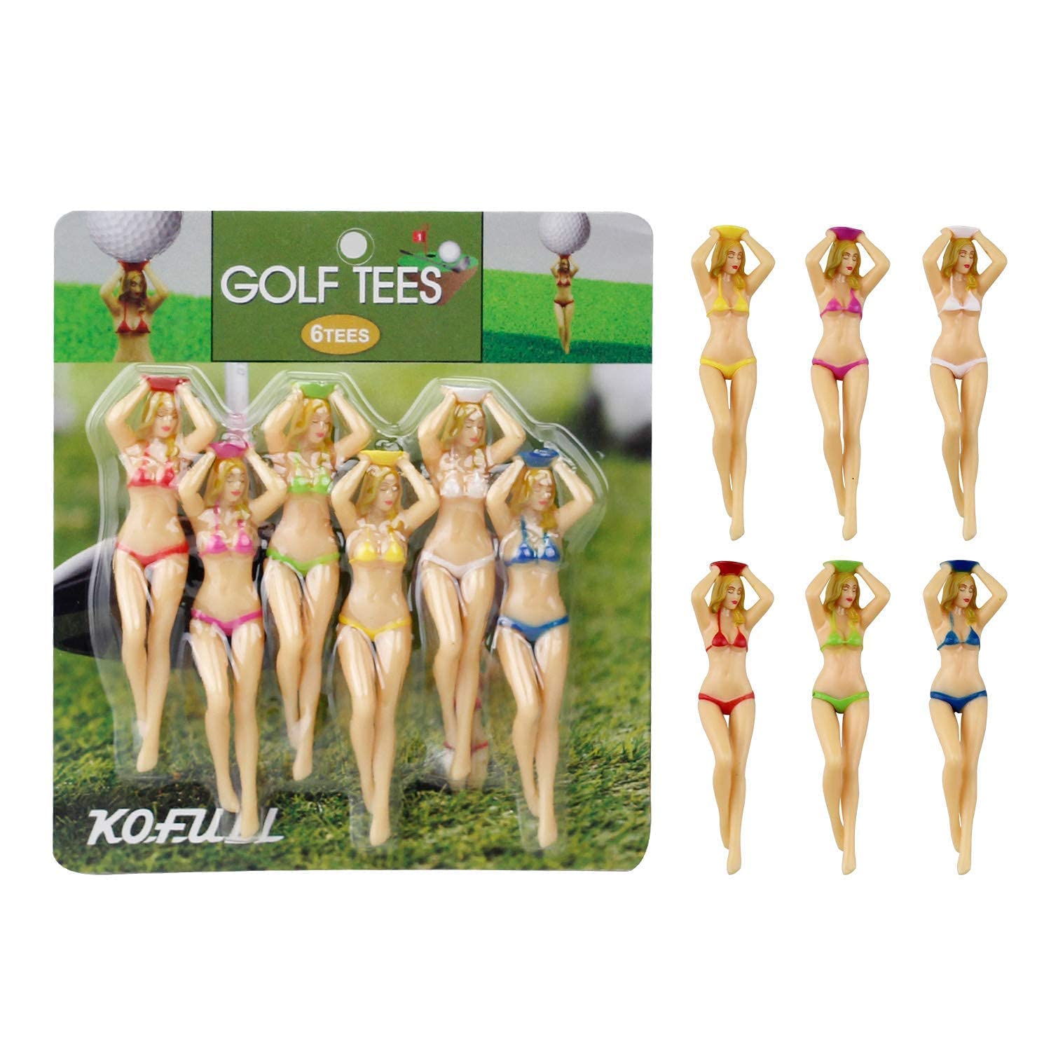 KOFULL Colored Golf Tees, Golf Tee, 3 inch Plastic Tee, Golf Practice Novelty Tees, White Elephant Stocking Stuffer Gifts for Him, Golfer Fun Gift, 6 per Set