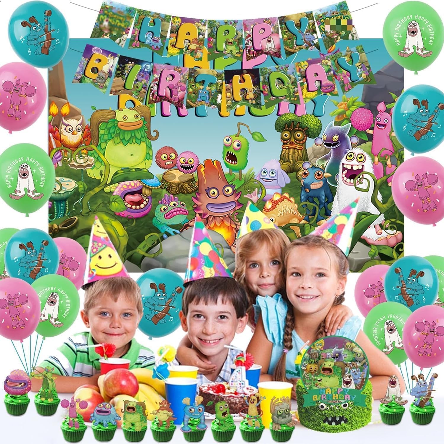 Moptrek y Decorations,Monsters Birthday Decorations,Including Happy Birthday Bannner,Cake Copper ,Cupcake Topper,Backdrop,Suitable for Party Supplies