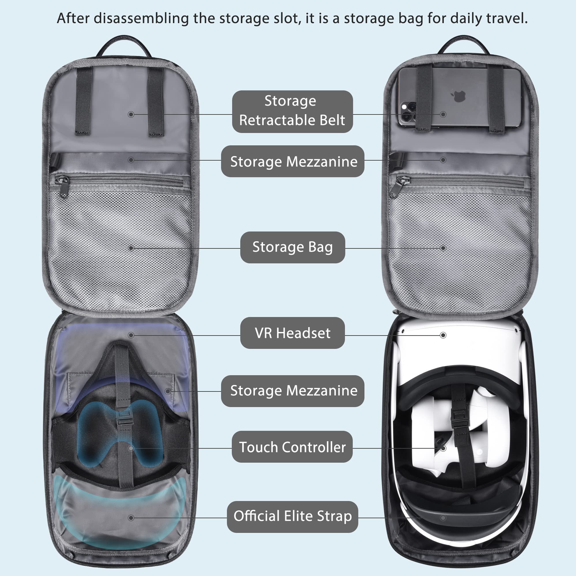 Piskyet Detachablea VR Backpack Case/Official Elite Strap Carrying Case, Hard Travel Case - Frosted Green