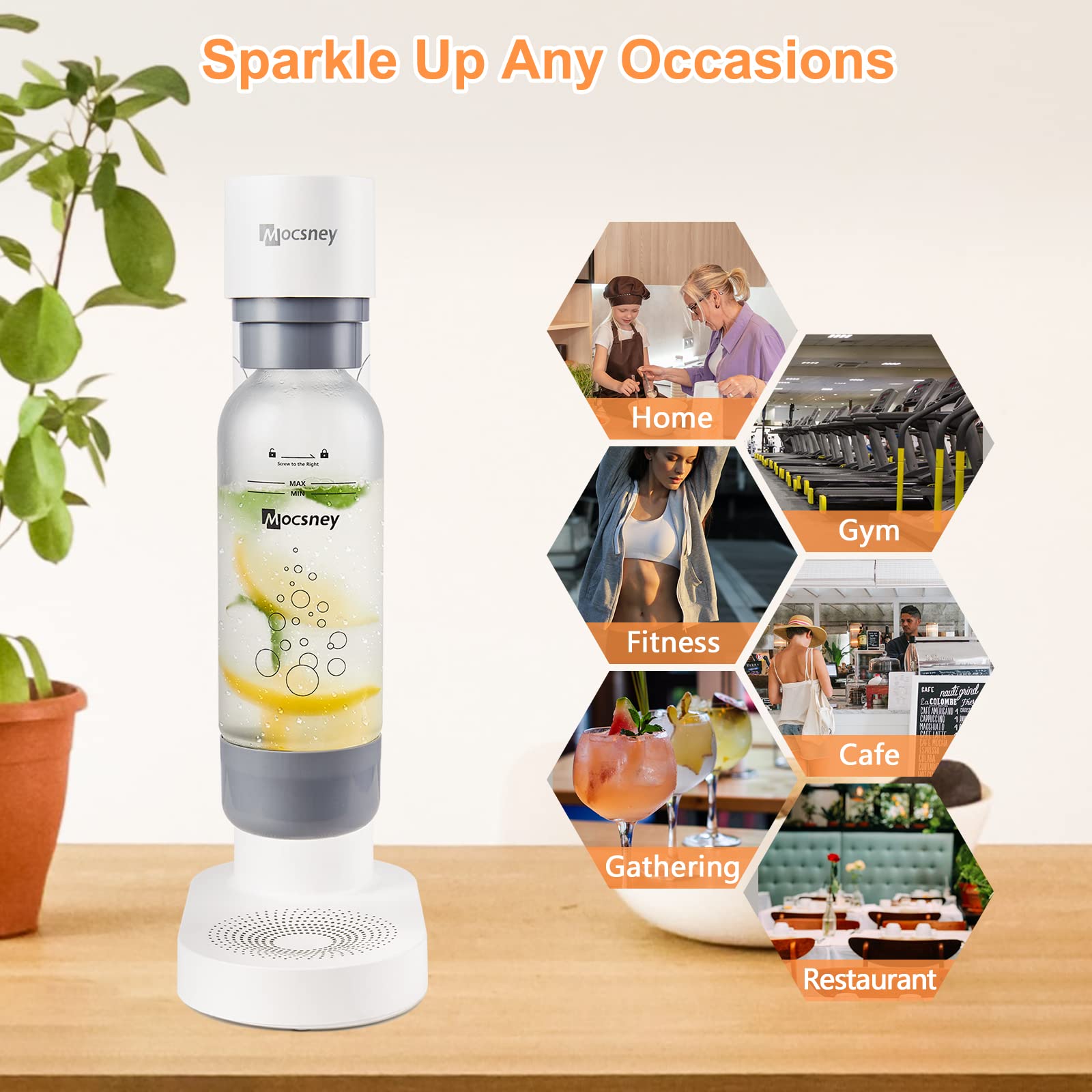 Mocsney Soda Maker, Sparkling Water Maker, Soda Maker Machine for Home Use with Safe-lock, Compatible with Any Screw-in 60L CO2 Cylinder (NOT Included)
