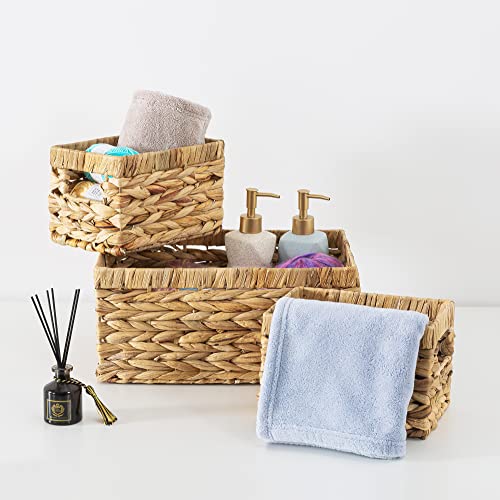 Woven Rectangle Baskets for Organizing Pantry, Kitchen, Mudroom: Rectangular Wicker Storage Produce Baskets with Handle - Little and Low Water Hyacinth Decorative Basket Set - Soul & Lane Brand