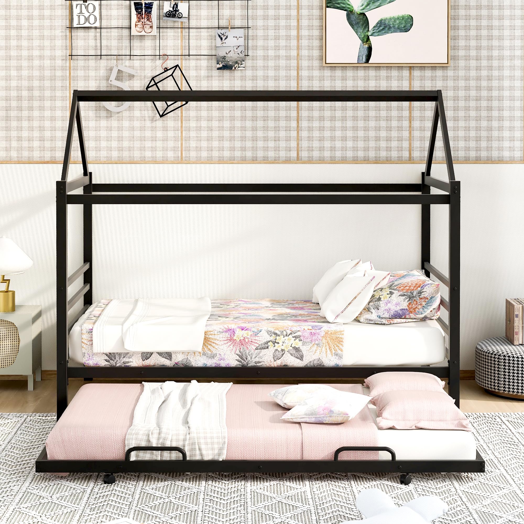 KoiHome Twin Size Metal House Shape Platform Bed with Trundle, Modern Sturdy Metal Bed Frame with Solid Metal Slats for Kids,Teens Bedroom, Space-Saving, No Box Spring Needed, Black