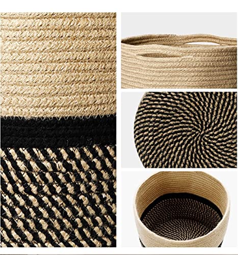 Medium woven Storage Basket Decorative Rope Basket Wooden Bead Decoration for Blankets,Toys,Clothes,Shoes,Plant Organizer Bin with Handles Living Room Home Decor, Jute.