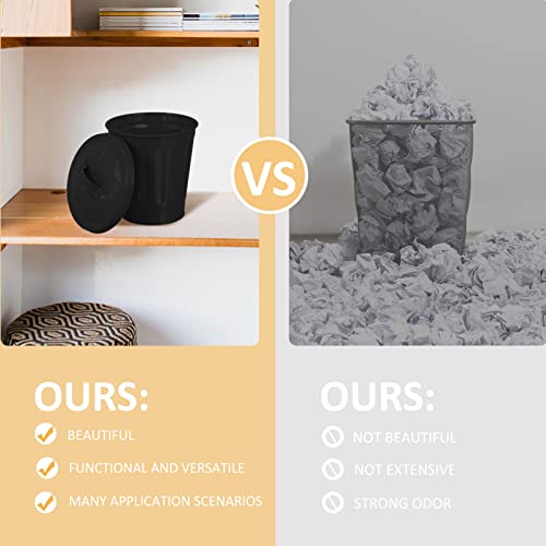 UKCOCO White Desk Metal Trash Can with Lid Wastebasket Small Buckets Tinplate Tin Pails Tabletop Storage Containers Organizer for Home Office Bathroom Kitchen Party Favors Black Recycle Bin