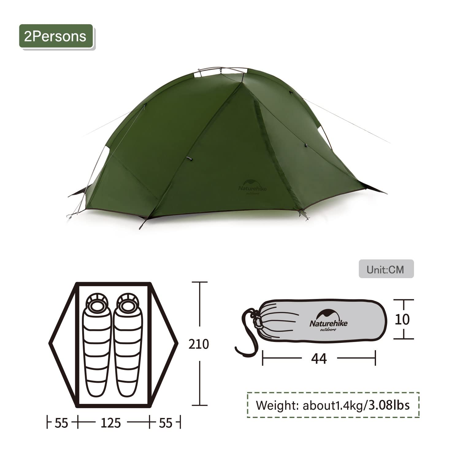 Naturehike Taga 2 Person Lightweight Backpacking Tent Outdoor Camping Tent (Forest Green)
