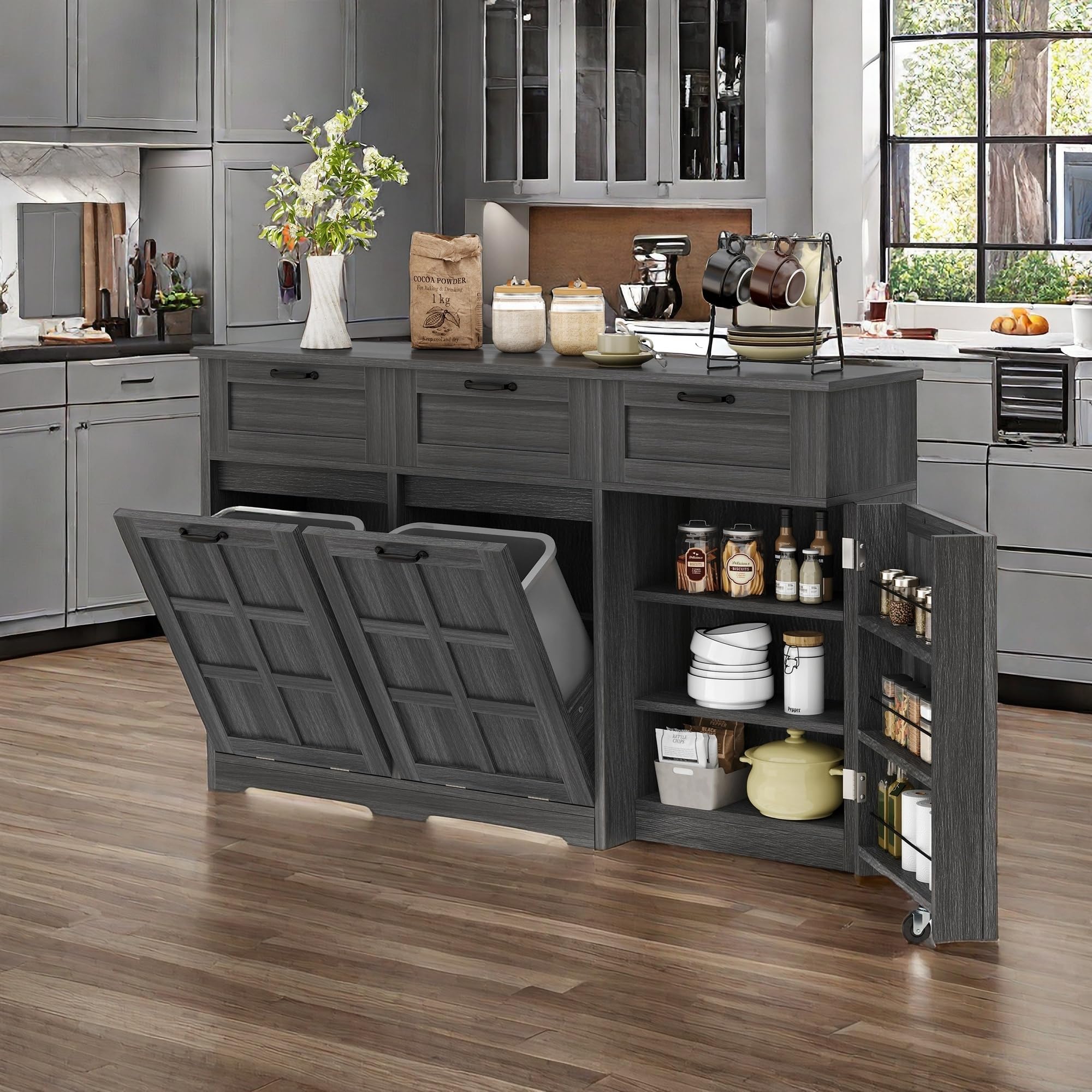 YITAHOME Kitchen Garbage Cabinet, Suitable for Two 10-Gallon Trash Cans, Storage Cabinet with 3 Layers, Three Drawers, Space-Savvy Design, Efficient Storage Options, White Oak
