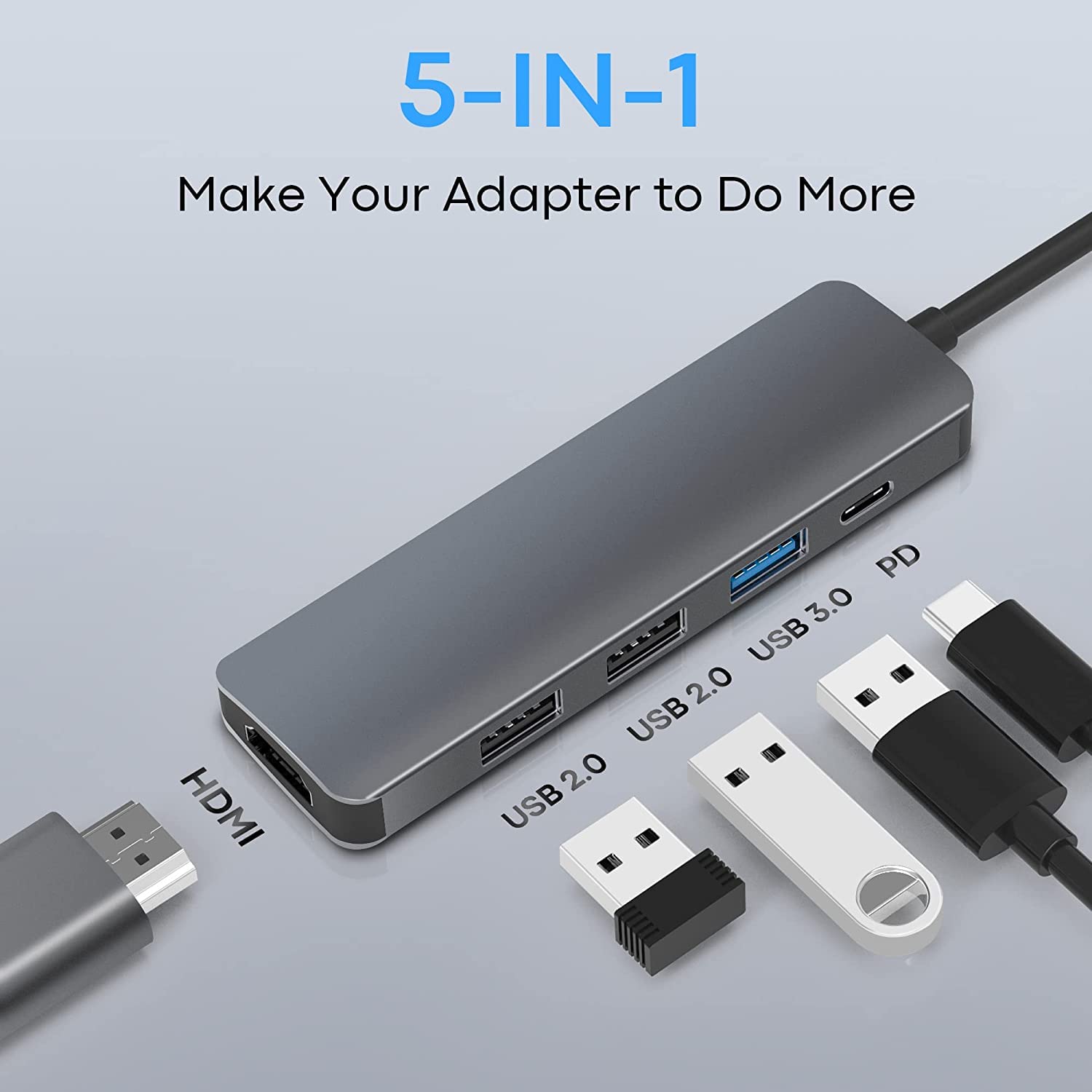 USB C Hub,5 in 1 USB C Adapter,with 4K HDMI Output/USB 3.0/USB 2.0 * 2/100W PD for MacBook Pro/Air, iPad Pro/Dell XPS(Compatible USB C Laptops and Other Type C Devices)