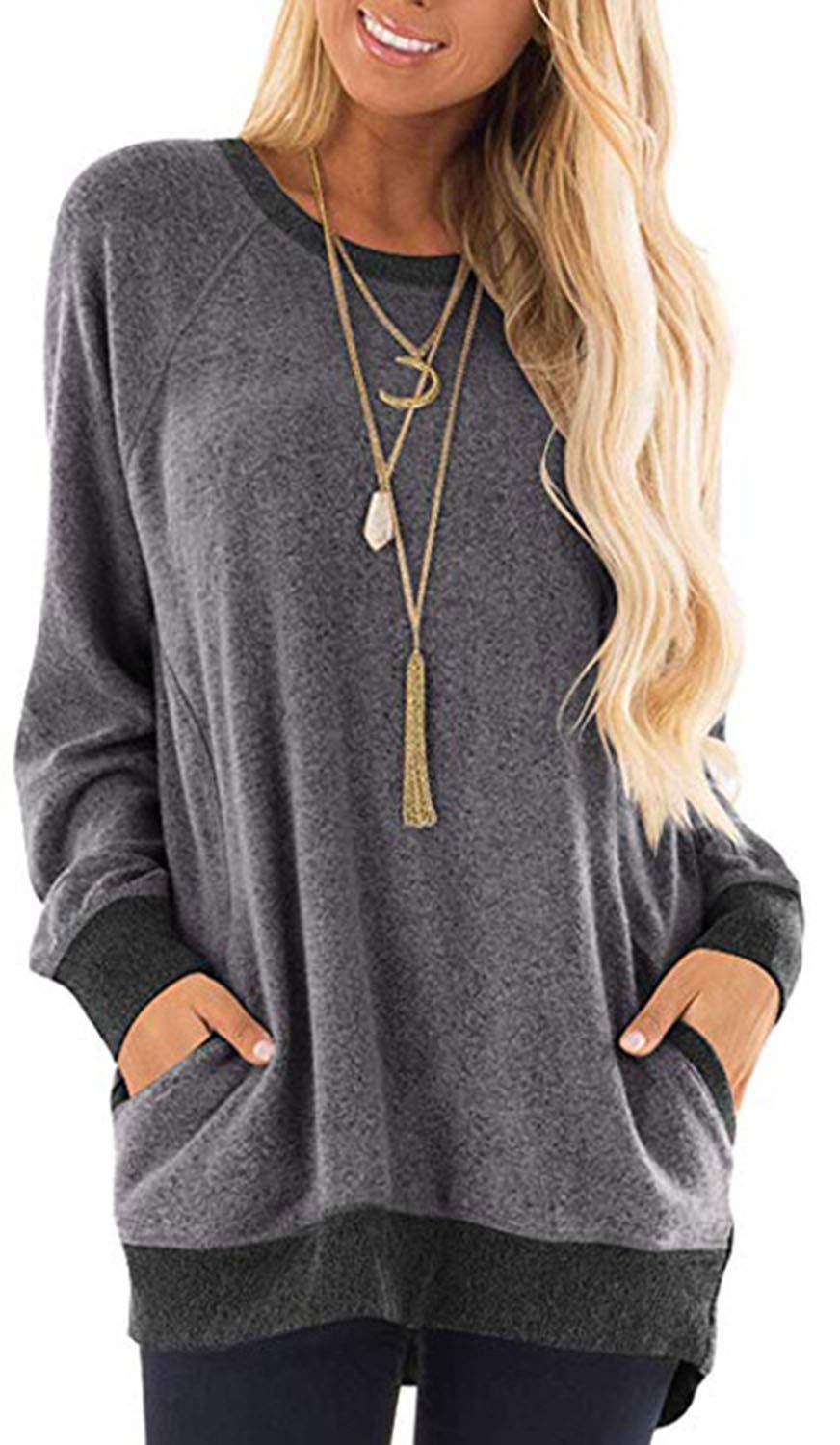 kydely Womens Baggy Long Sleeve Sweatshirts Comfy Sweaters Color Block Blouses Tops T Shirts Grey L