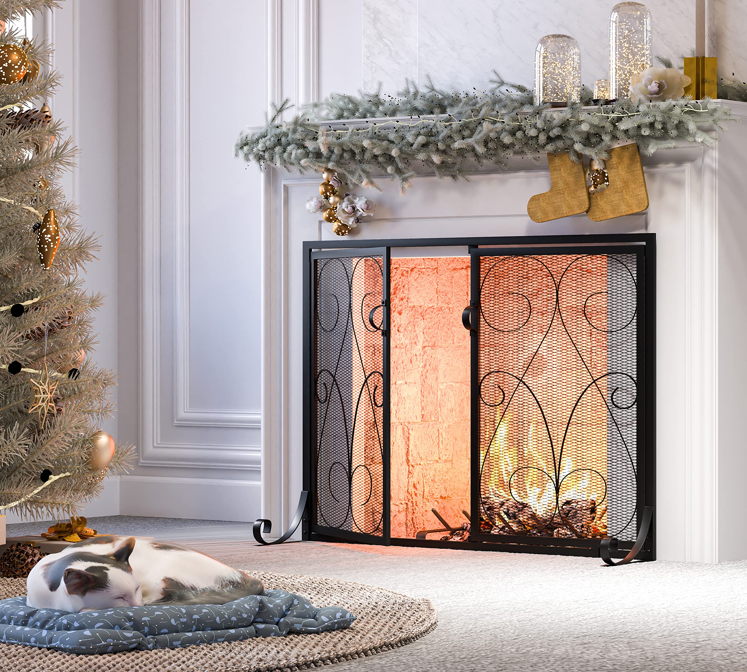 Kingson 2-Panel Fireplace Screen with Doors Handcrafted Wrought Iron Decorative Mesh, Symmetric Scroll Fire Spark Guard-Black
