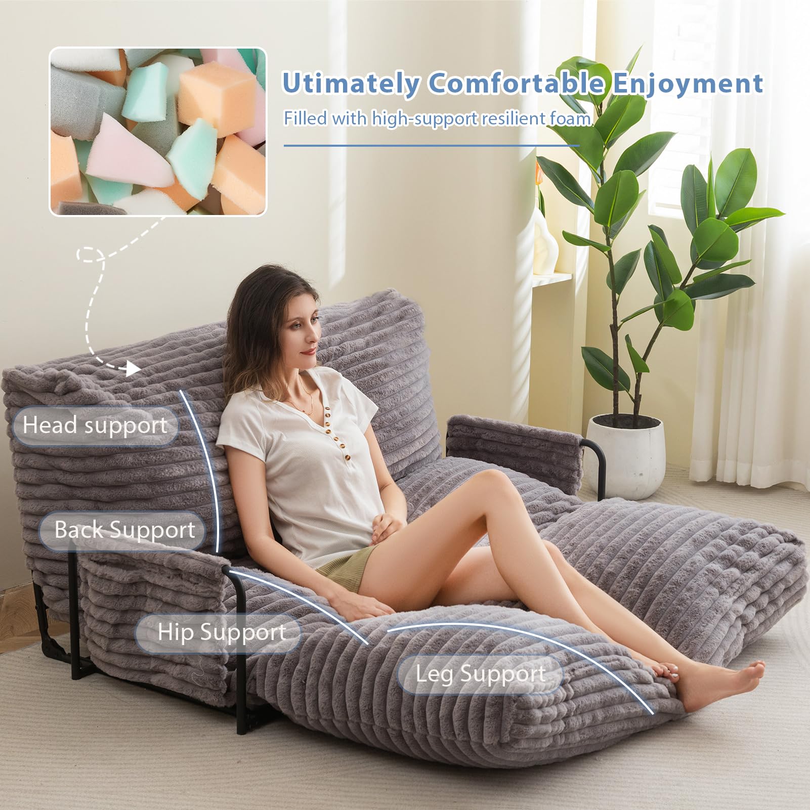 YOSHOOT Adjustable Lazy Floor Sofa, Convertible Bean Bag Sofa Bed Couch, 5-Position Foldable Sleeper Chair with Armrest, Versatile Floor Seating Sofa for Reading Gaming, Beige