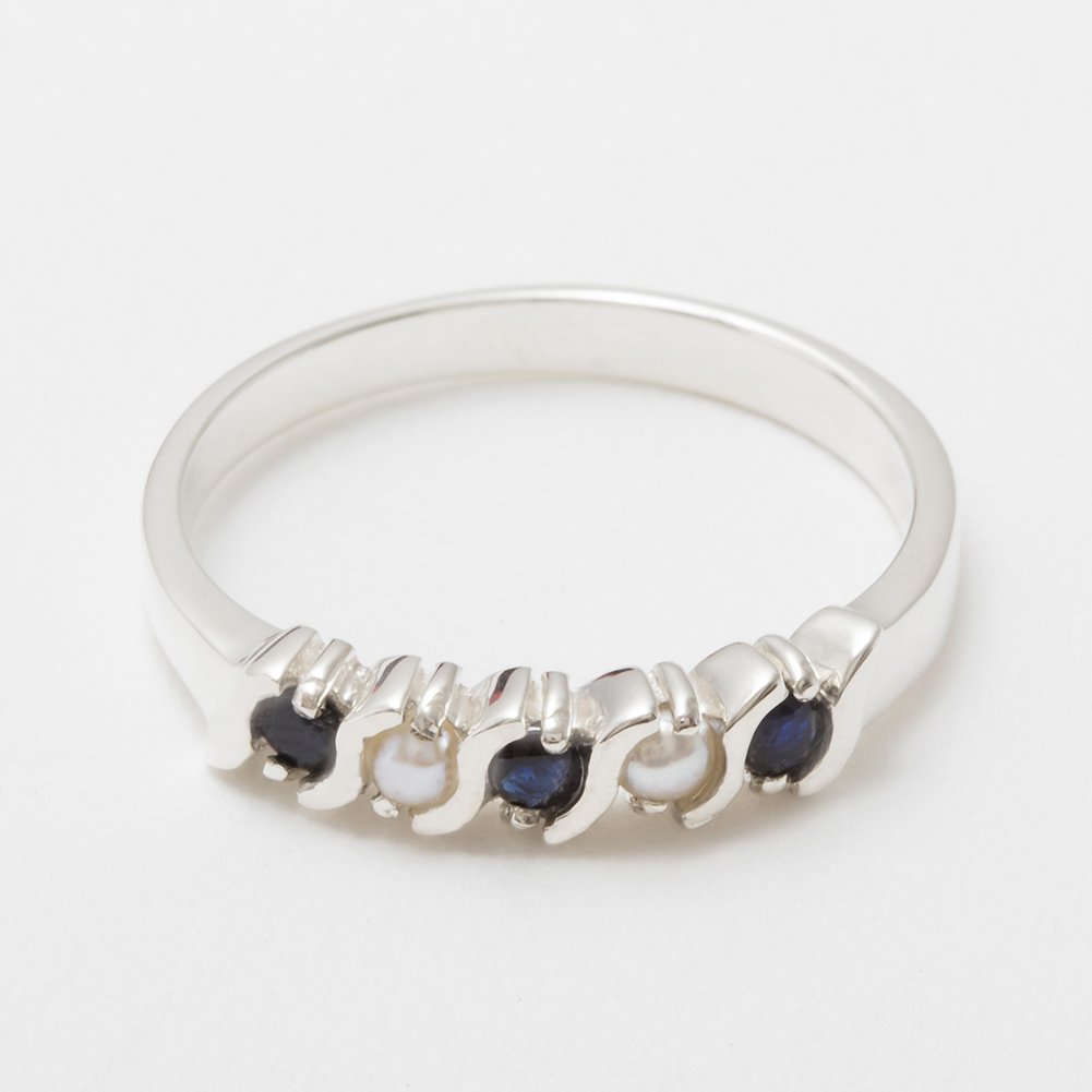 LetsBuyGold Solid 925 Sterling Silver Real Genuine Sapphire & Cultured Pearl Womens Eternity Band Ring - 7 - Size 7