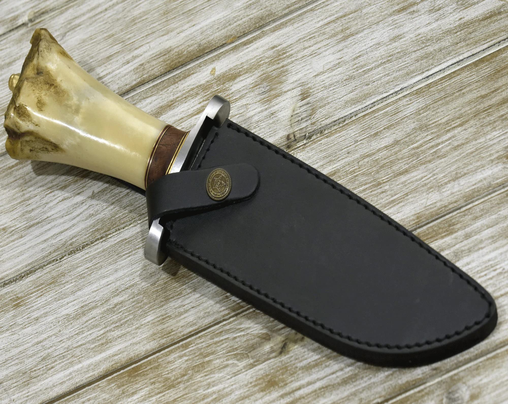 SHOKUNIN USA DAMASCUS HUNTING KNIFE, Forged Custom Bowie knife, 12.0",Hand Made, personalized camping knife, bone handle, hand stitched leather sheath knife