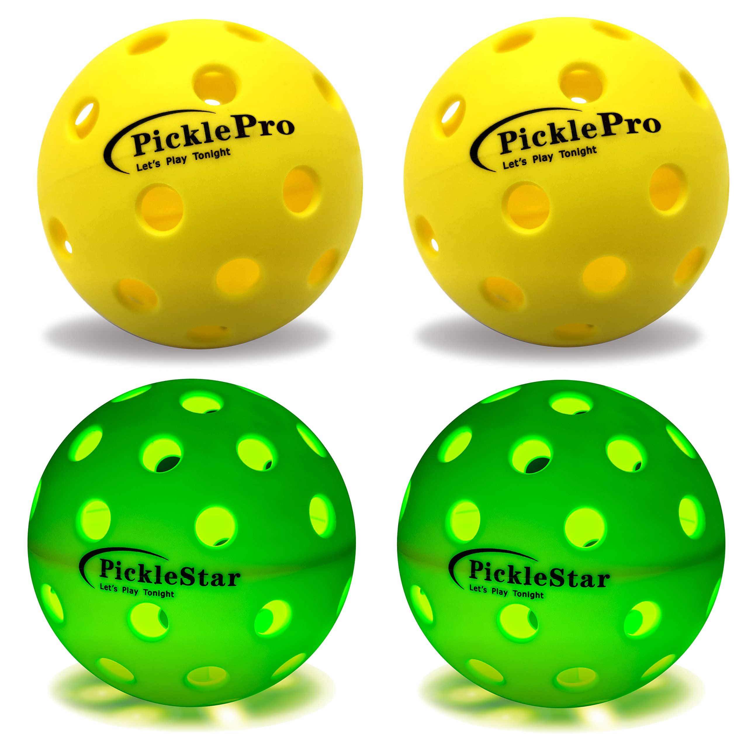 PickleStar 2 LED Light Up Pickleball Balls Bundled with 2 Regular(No LED) Outdoor Pickleball Balls, 2 Batteries Included
