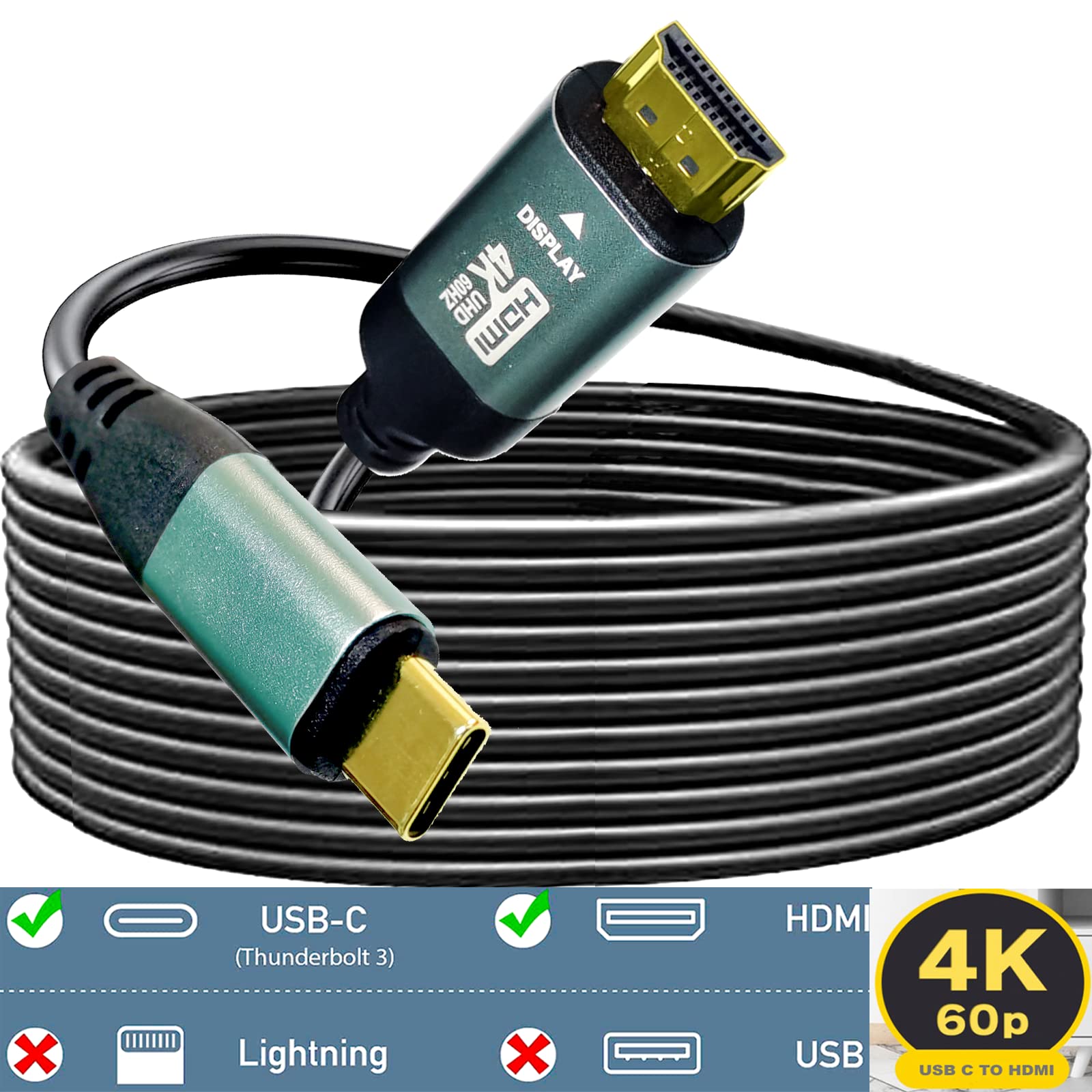 USB C to HDMI Cable 10FT with IC, 4K@60HZ Type-C to HDMI for MacBook Pro/Air, iMac, Galaxy S20 S10 S9 S8, Surface, Dell, HP, MacBook Pro, MacBook Air, iPad Pro, Pixelbook, XPS, Galaxy, and More