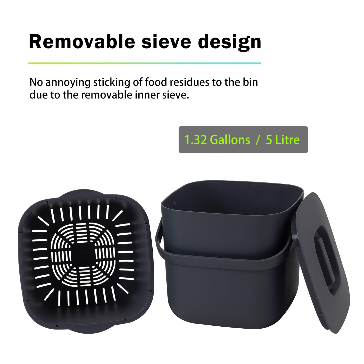 Kitchen Compost Bin with Lid, Countertop Composter for Organic Waste, Odour Proof, Removable Inner Sieve, Indoor Trash Can Bucket Garbage, 1.32 Gallon, Charcoal Grey
