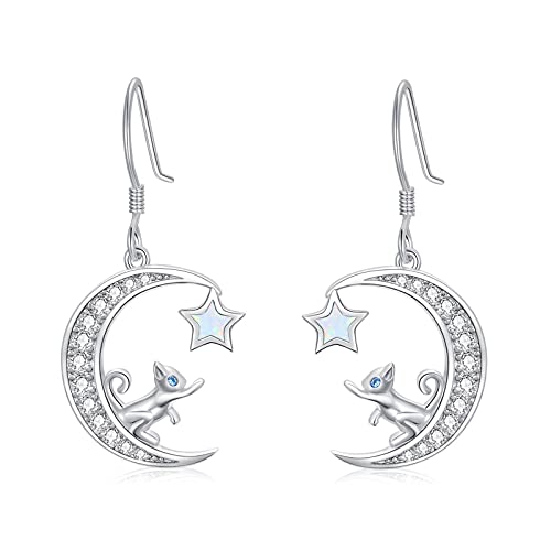 Moon Cat Earrings for Women 925 Sterling Silver