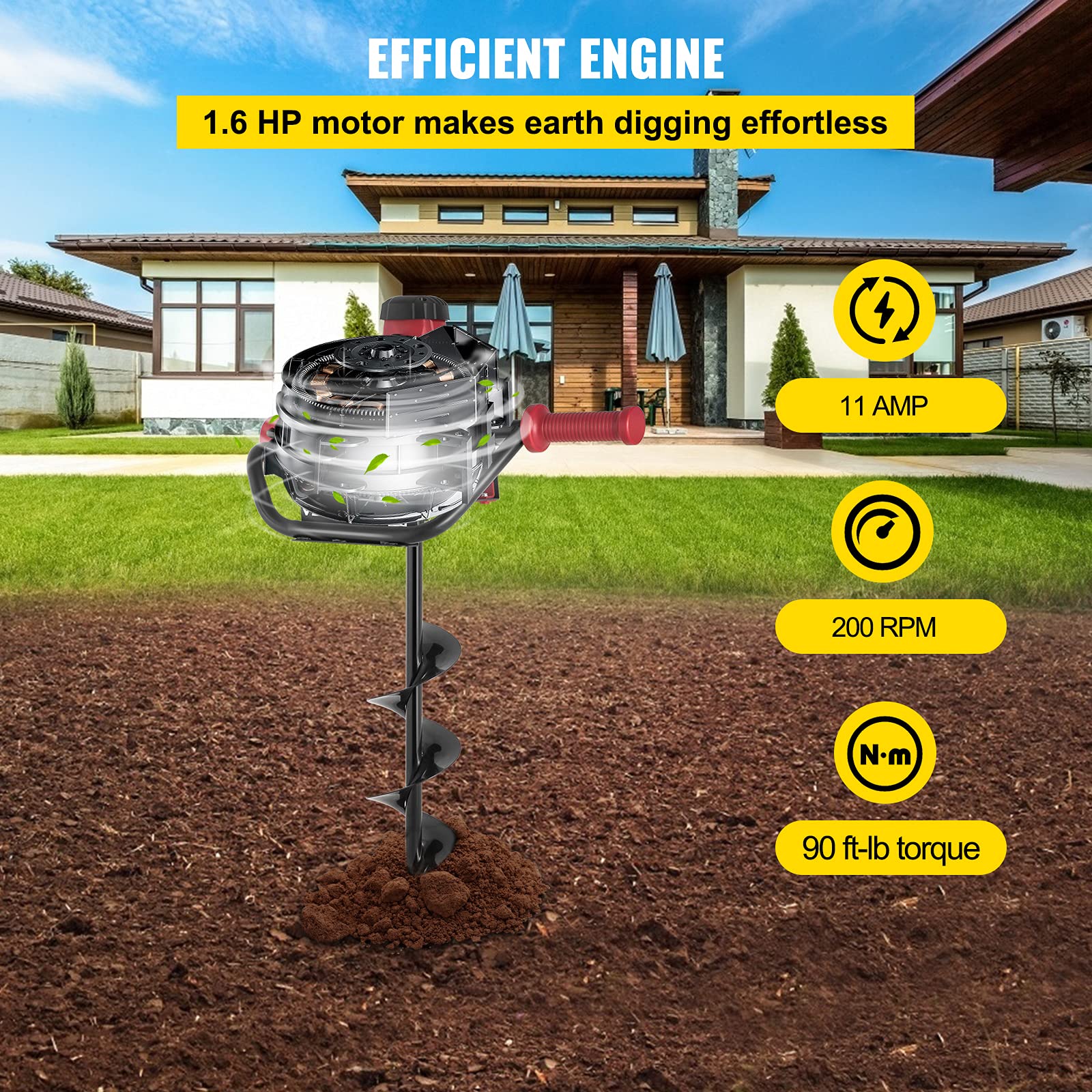 VEVOR Electric Post Hole Digger, 1500 W 1.6 HP Electric Auger Powerhead w/6" Bit & Swanson Tool Co PL001M Magnetic Post Level, Yellow, Includes Elastic Loop for Hands-Free Work