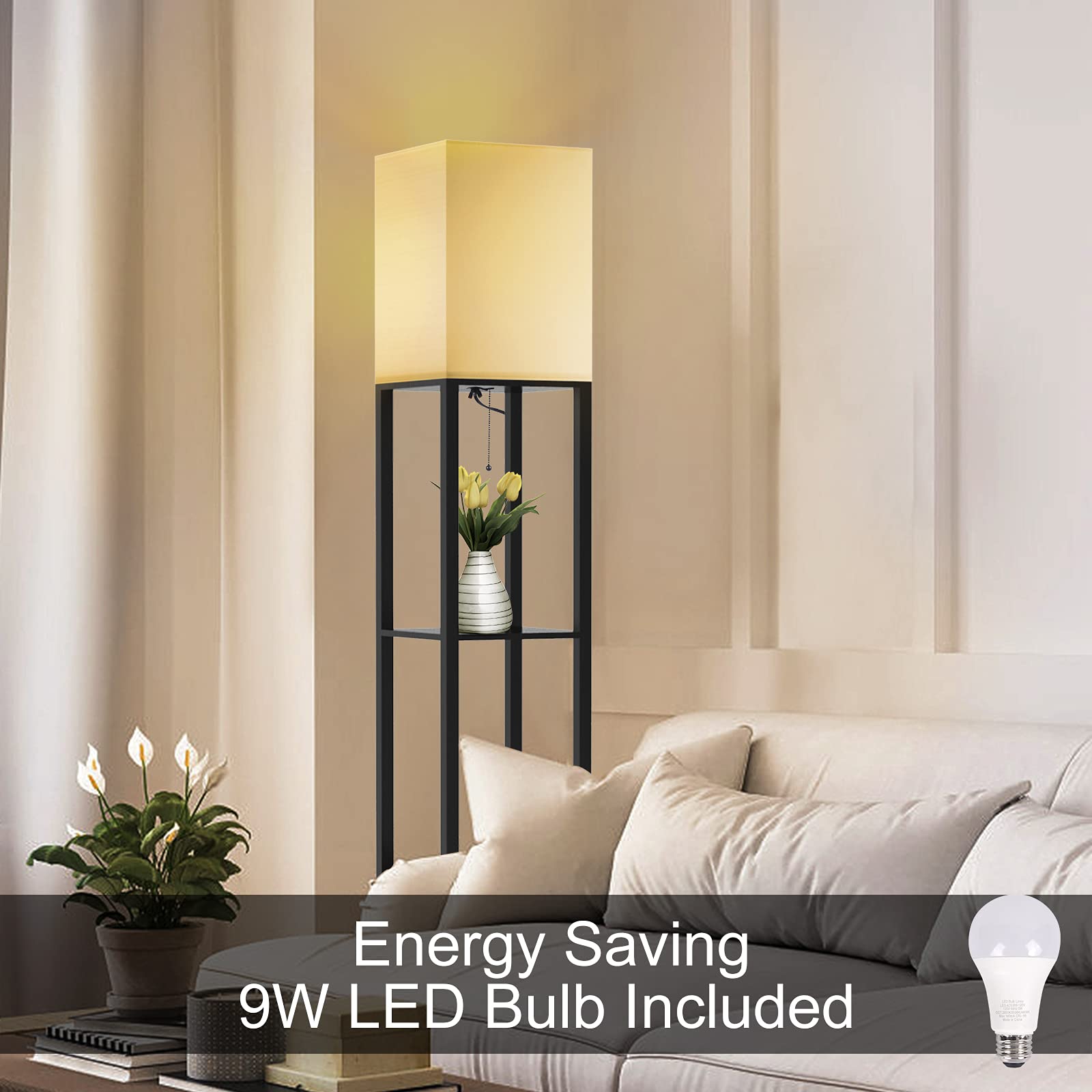 MOFFE Column Floor Lamp with Shelves, Modern Shelf Floor Lamp with 9W LED Bulb, 3 Tier Storage Display Standing Reading Lamp Narrow Corner Nightstand Light for Bedroom Living Room, Black