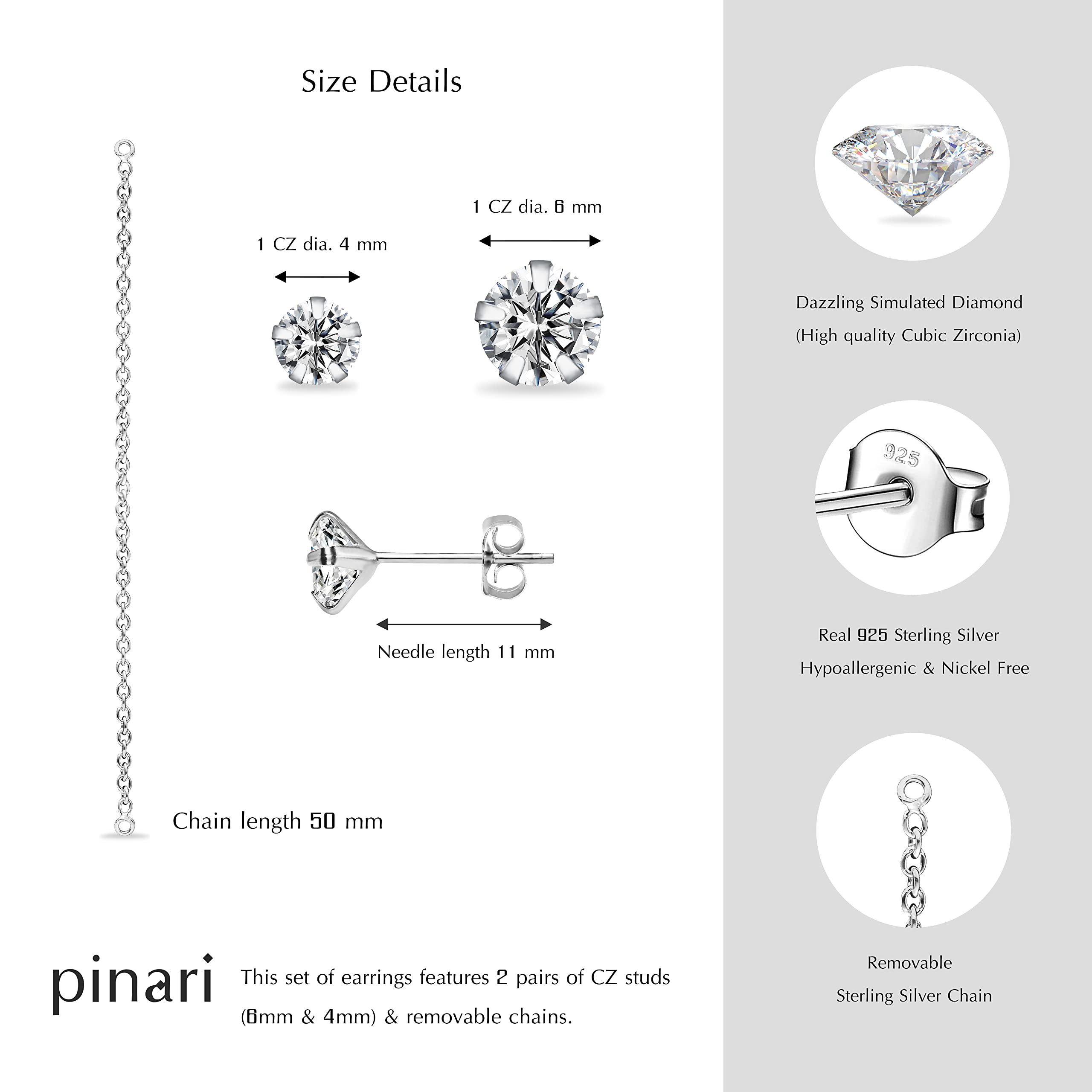 Pinari Chain Earrings Double Piercing with Detachable Chain - 2 Cubic Zirconia Studs 6mm & 4mm- 925 Sterling Silver Drop Dangle Earrings - Gift Box Included