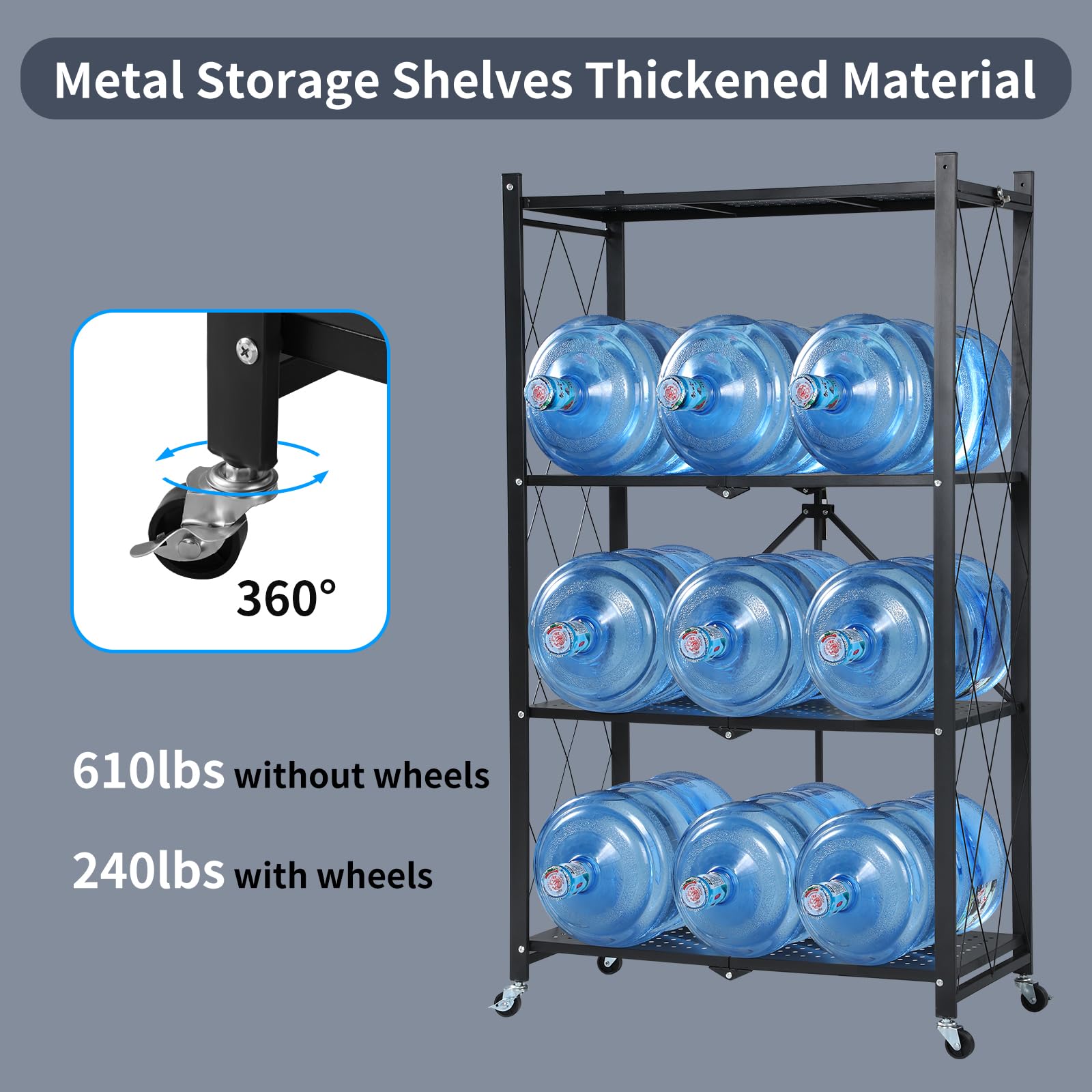 JOYBOS 4-Shelf Foldable Storage Shelves with Wheels, Heavy Duty Metal Shelving, No Assembly Organizer Wire Shelf Rack for Garage Kitchen, Basement, Pantry, Holds up to 1000 poundsā¦